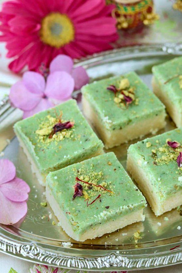 Pista Burfi, layered Pista Burfi, Easy Layered pista Burfi, Pista mawa ...